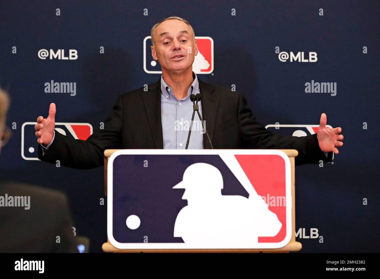 MLB Commissioner Rob Manfred answers questions at a press conference ...
