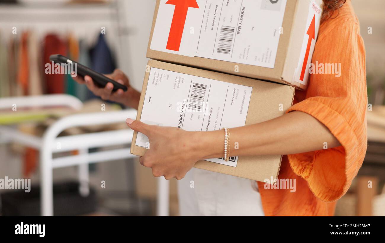 Box, ecommerce and black woman small business owner packing orders for ...