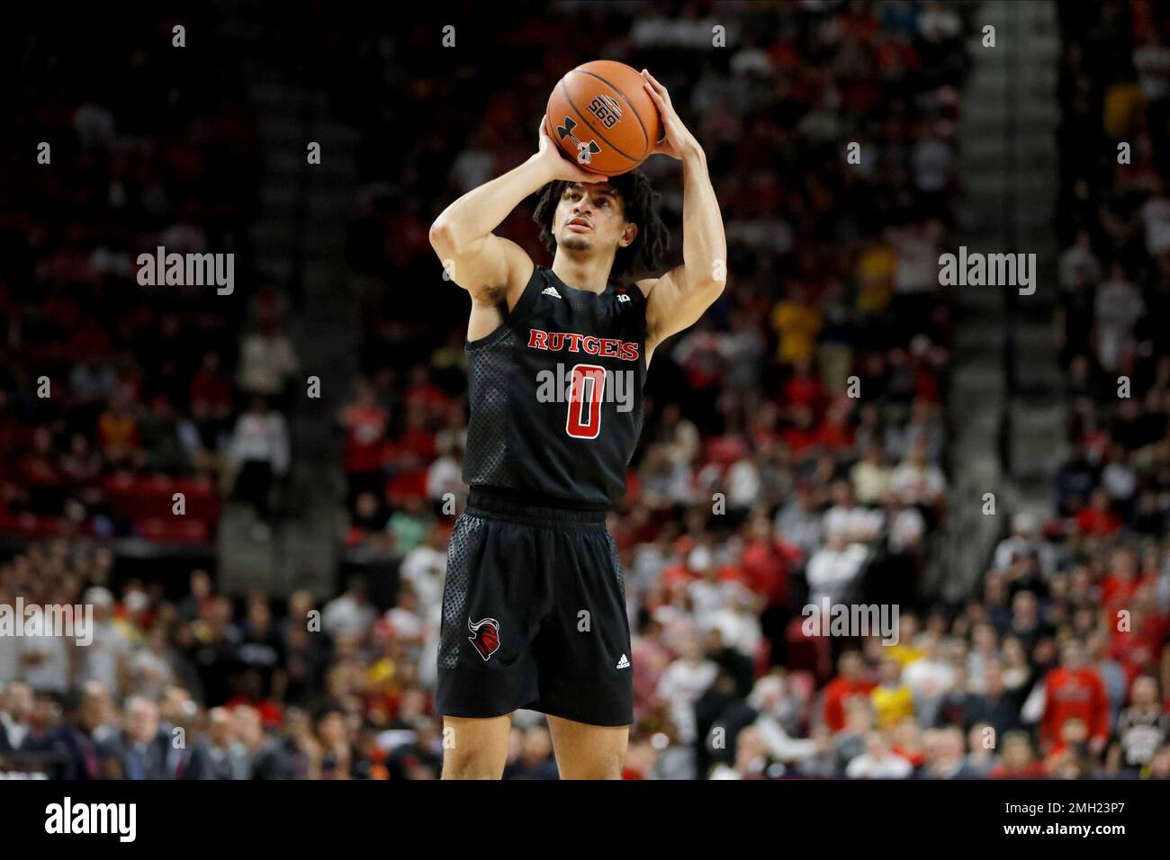 Rutgers guard Geo Baker shoots against Maryland during the first half of an NCAA college ...