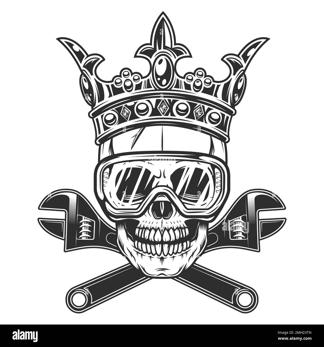Skull with construction spanner plumbing wrench key tools and crown ...