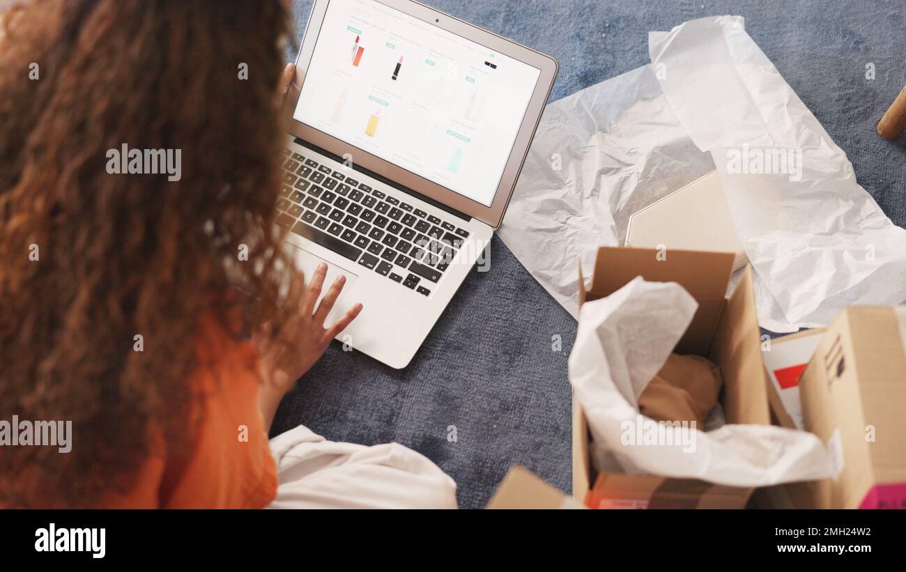 Fashion, ecommerce and small business box with laptop for inventory and ...