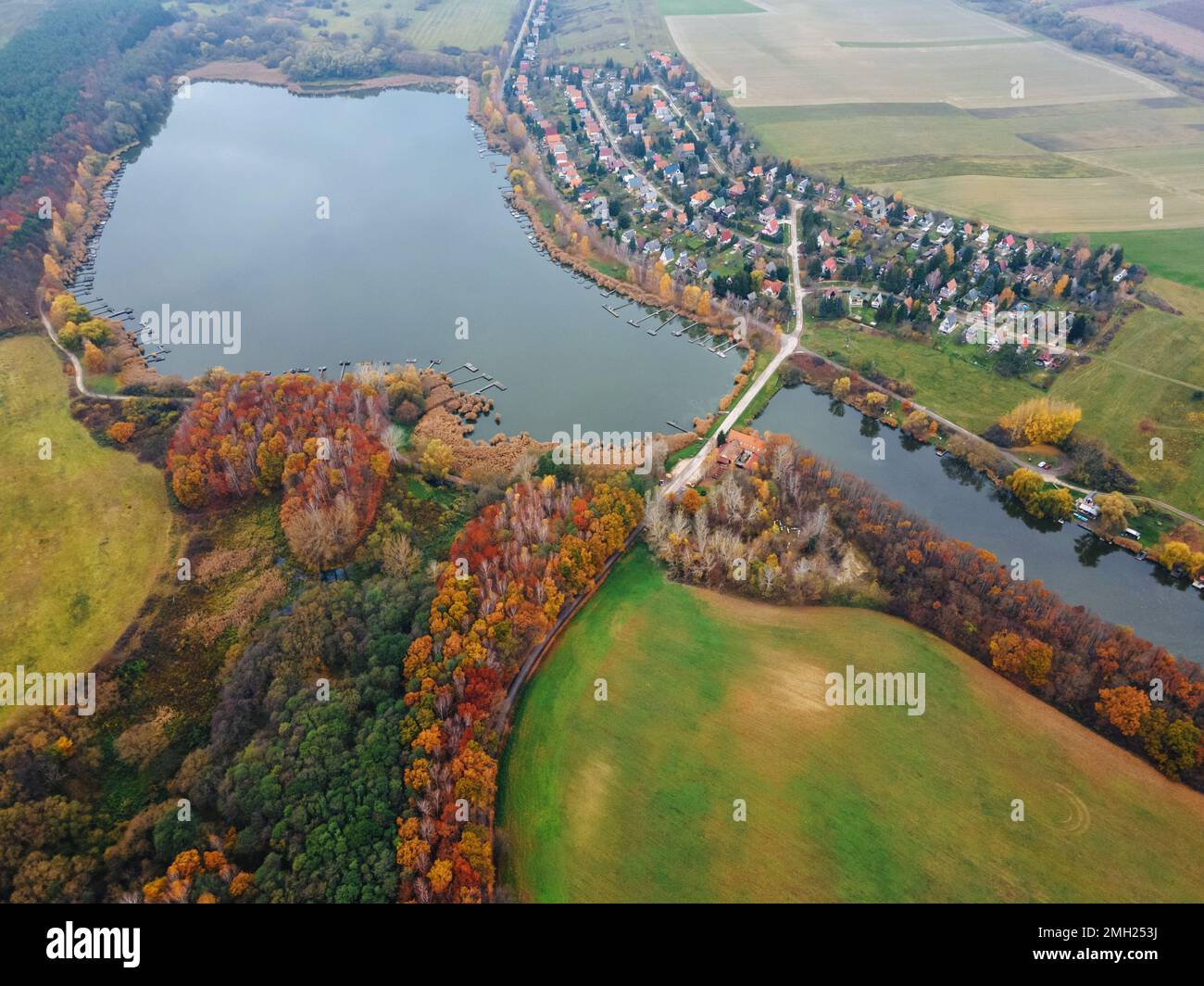 Aerial photo of Lake Jenői and its surroundings.A small lake located in ...