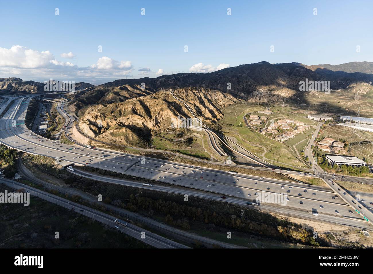 Aerial view of the Interstate 5 freeway and Los Angeles aqueduct ...