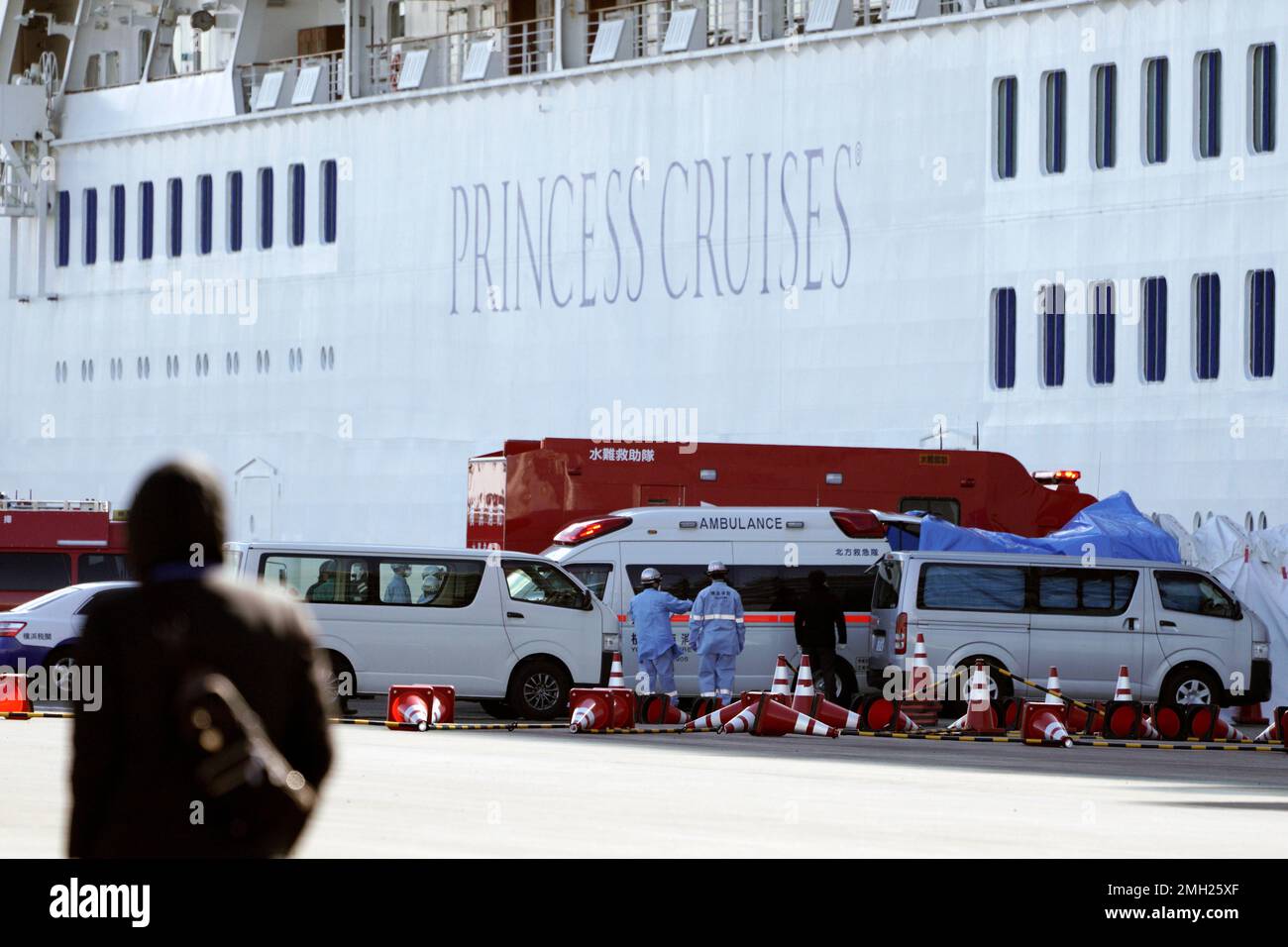 Ambulances and fire engines are parked near the cruise ship Diamond ...