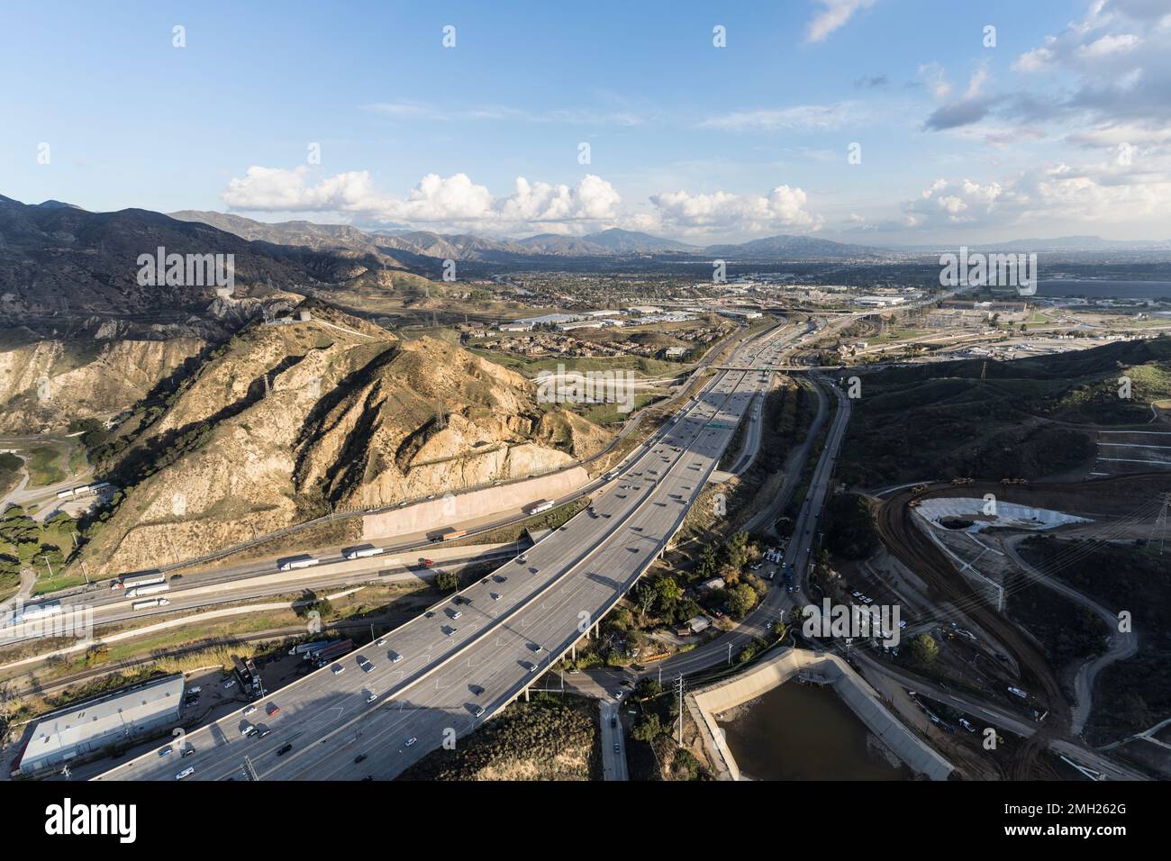 Aerial view of the Interstate 5 freeway and the San Fernando Valley in ...