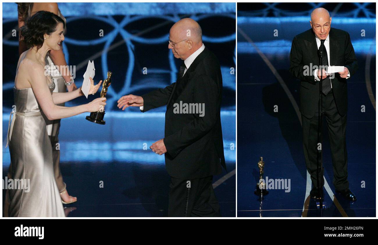 This combination photo shows actress Rachel Weisz presenting Alan Arkin ...