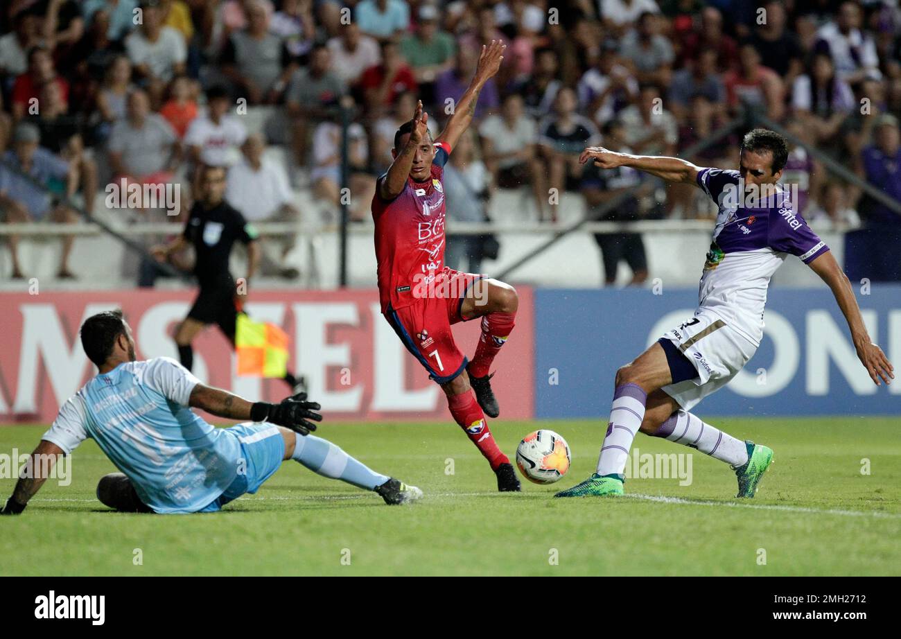Uruguay's Fenix goalkeeper Ernesto Hernandez and teammate Kevin Alaniz ...