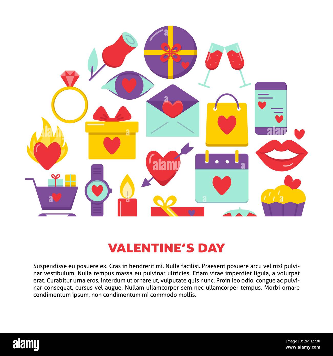 Valentines day banner with love icons in flat style. Romantic flyer or ...