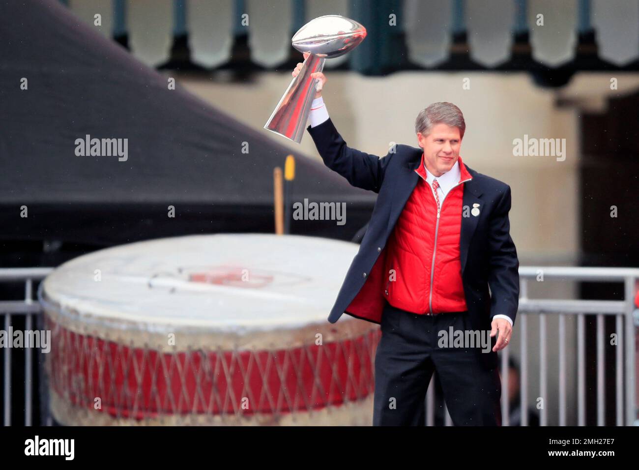 Kansas City Chiefs owner Clark Hunt holds the Super Bowl trophy during ...