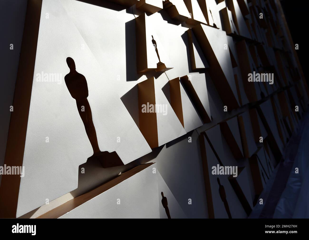 An Oscar backdrop stands on Hollywood Boulevard in preparation for ...