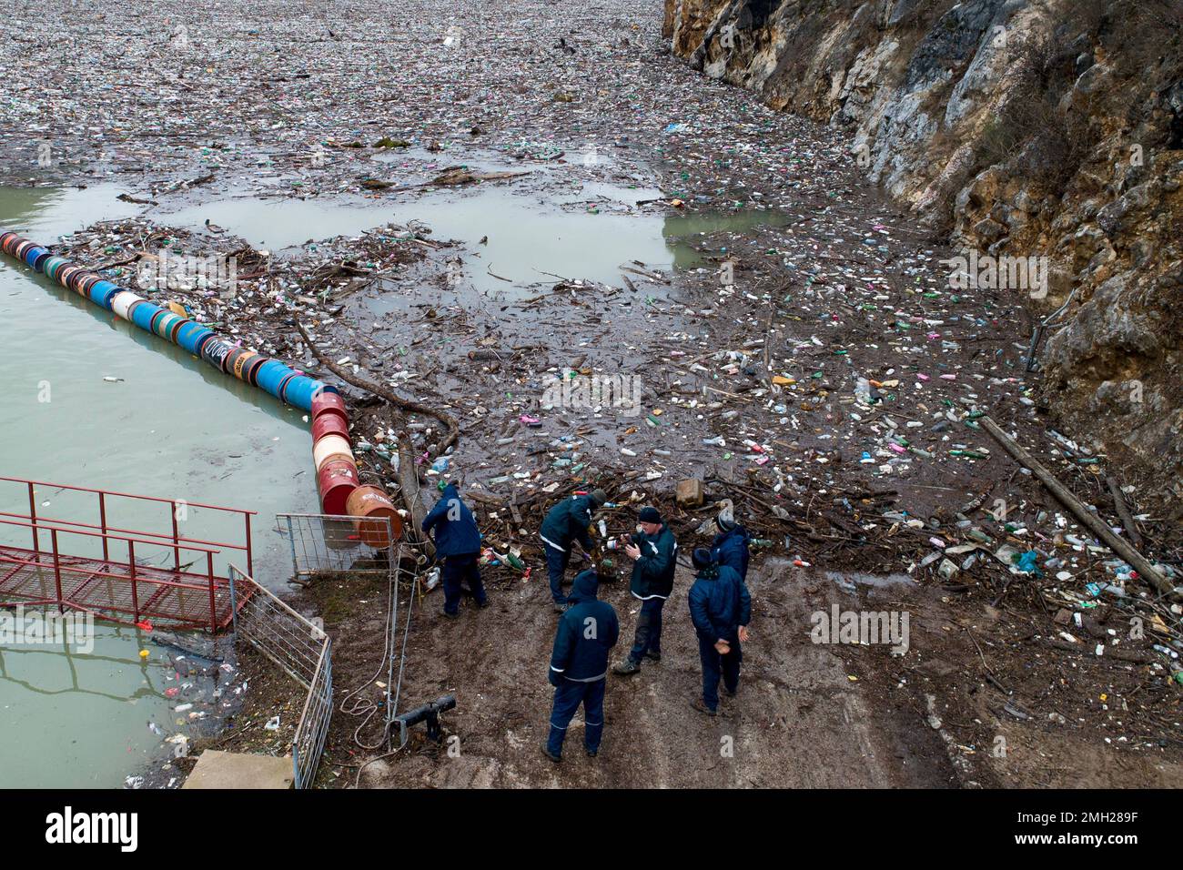 Aerial view of waste floating in the Drina river near Visegrad, Bosnia ...