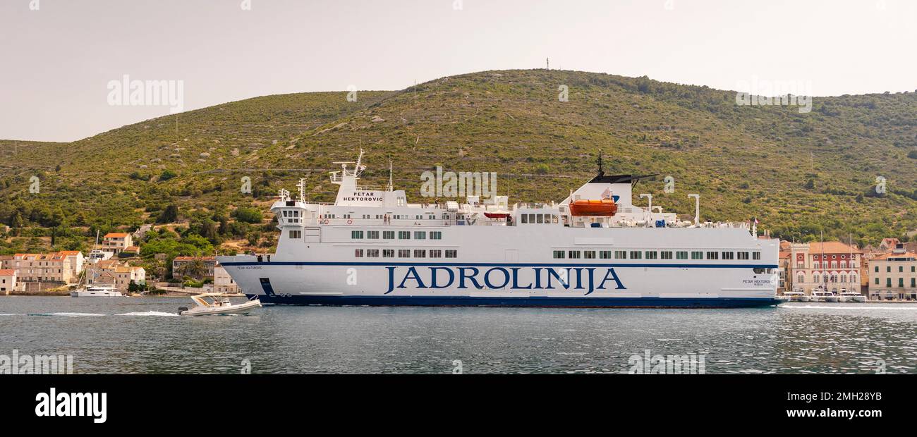 VIS, CROATIA, EUROPE - Jadrolijija ferry docked in Vis harbor. Ship ...