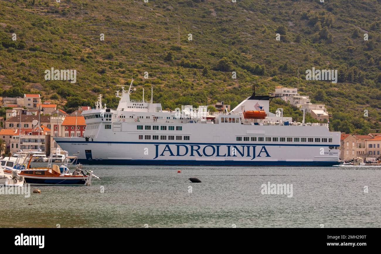 VIS, CROATIA, EUROPE - Jadrolijija ferry docked in Vis harbor. Ship ...