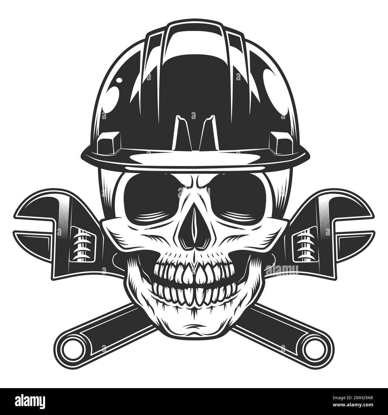 Builder skull in hard hat with crossed plumbing wrench from business ...