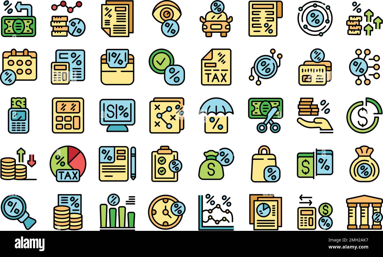 Tax deduction icons set outline vector. Income account. Relief ...