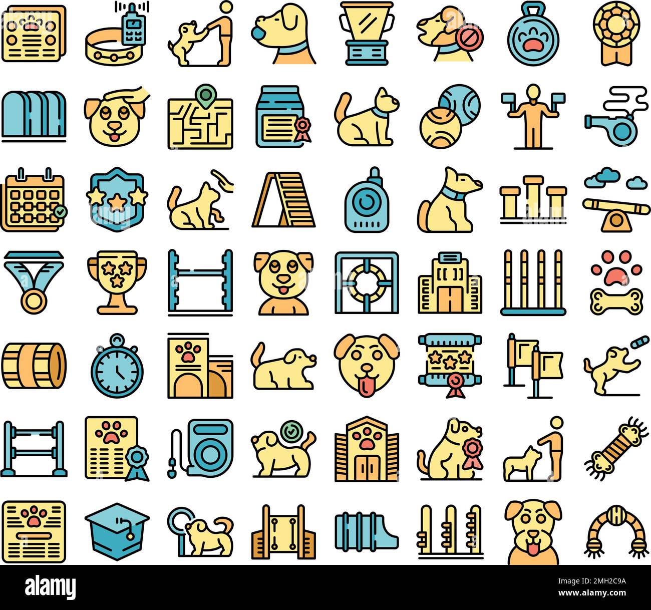 Dog school icons set outline vector. Course agility. Canine pipe color ...