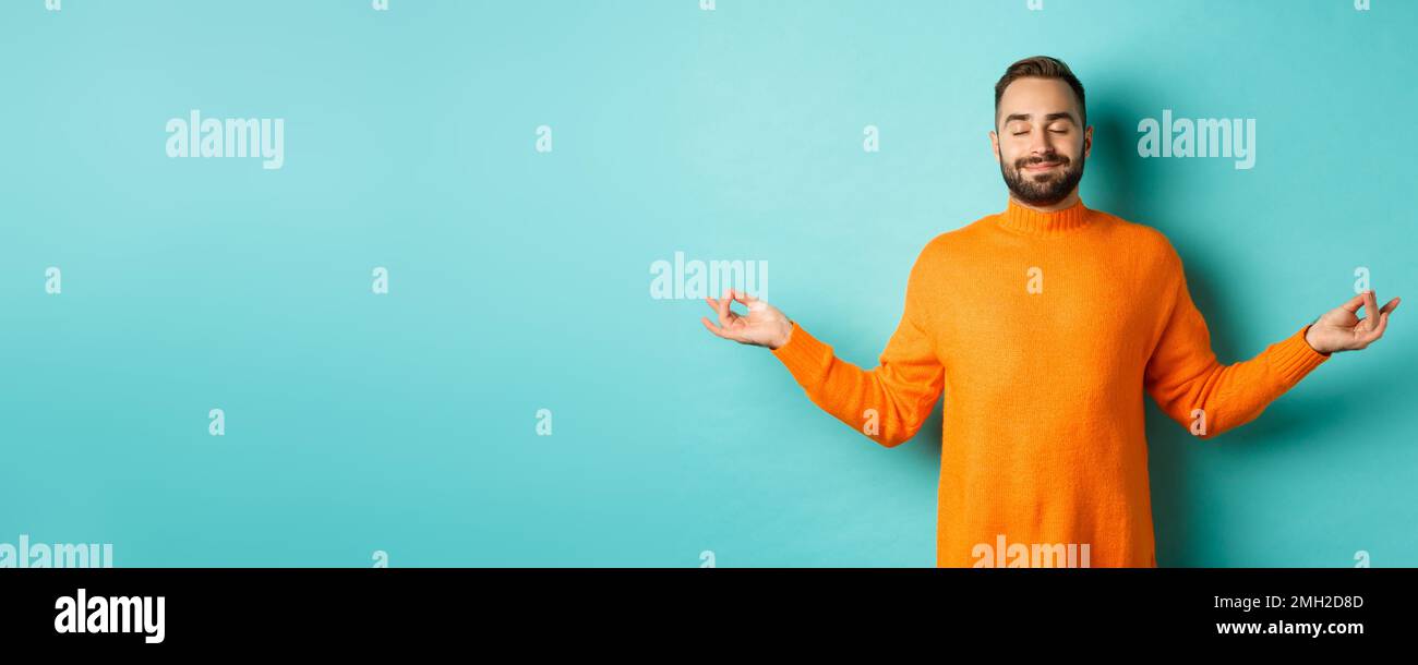 Image of relaxed and relieved man close eyes and smiling, feeling ...