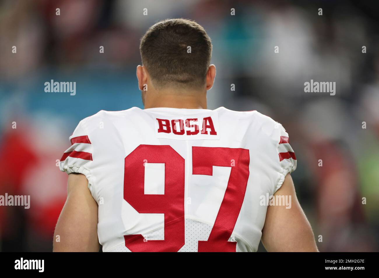San Francisco 49ers defensive end Nick Bosa (97) gets set to take on ...
