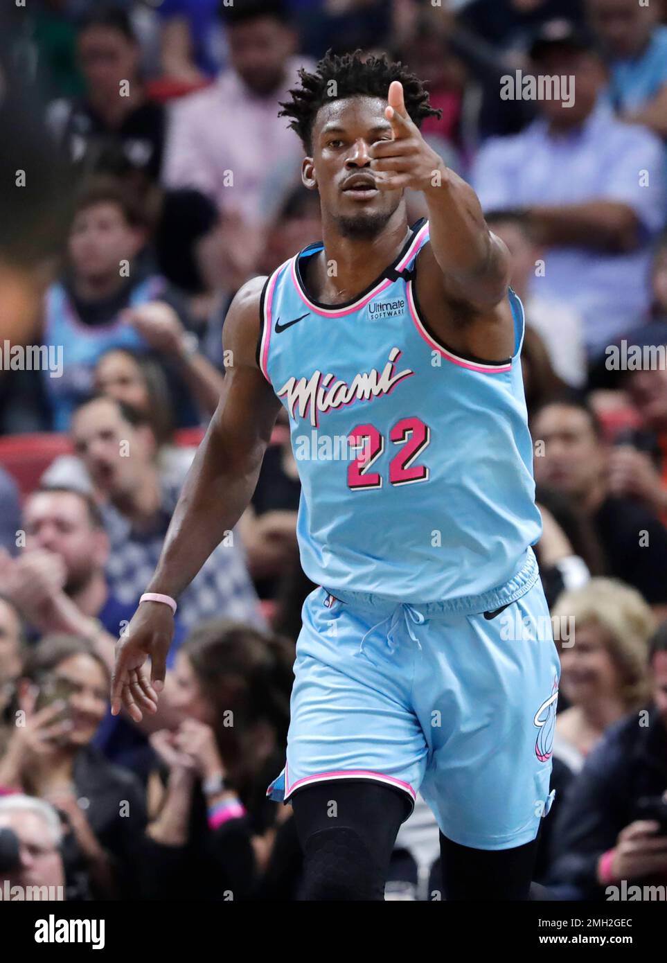 Miami Heat forward Jimmy Butler reacts after scoring during the first ...