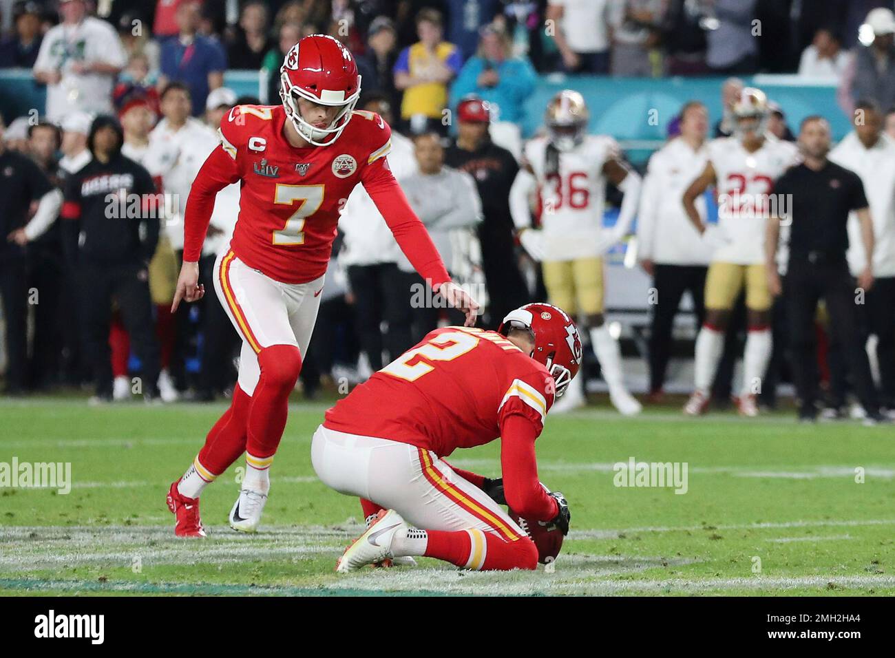 Kansas City Chiefs kicker Harrison Butker (7) attempts a field goal ...