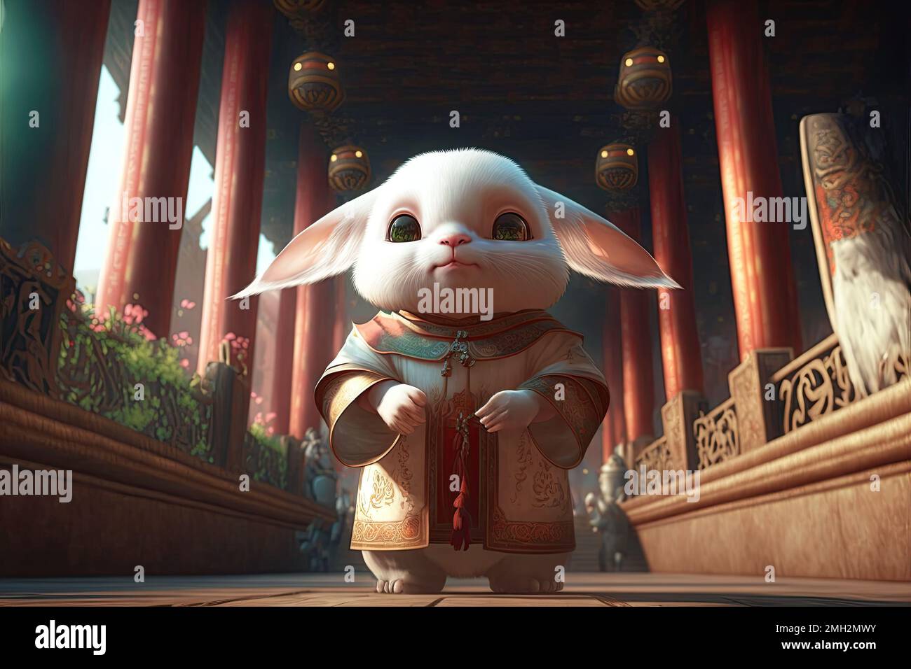 Charming white rabbit adorned in traditional Chinese Hanfu clothing in ...