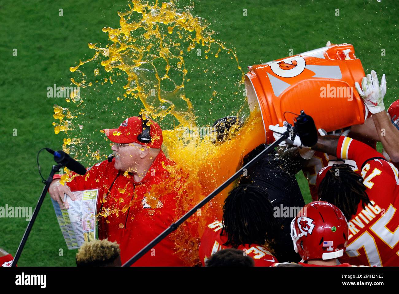 Kansas City Chiefs head coach Andy Reid has Gatorade pored on him as ...