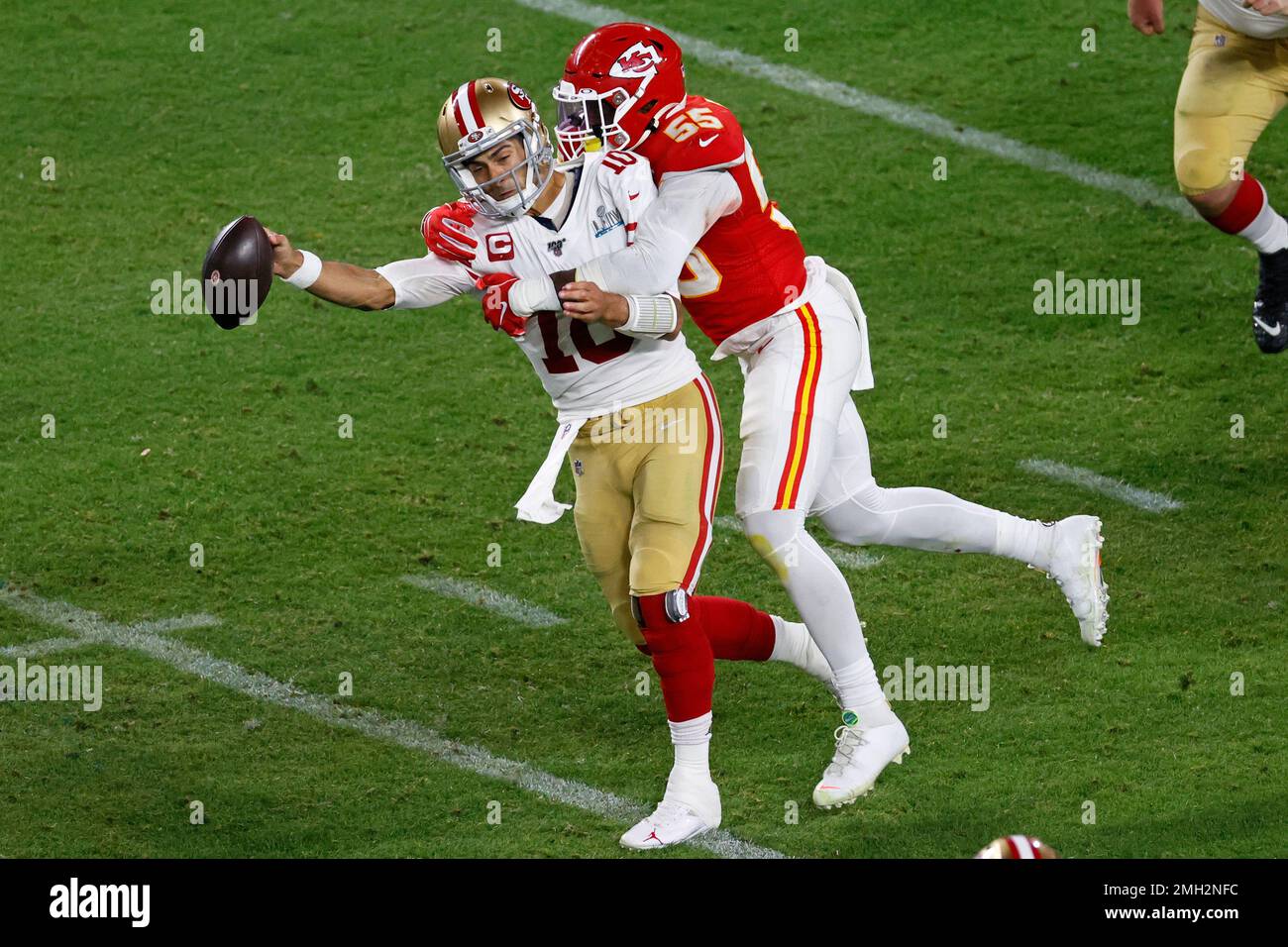 San Francisco 49ers quarterback Jimmy Garoppolo (10) is sacked by ...