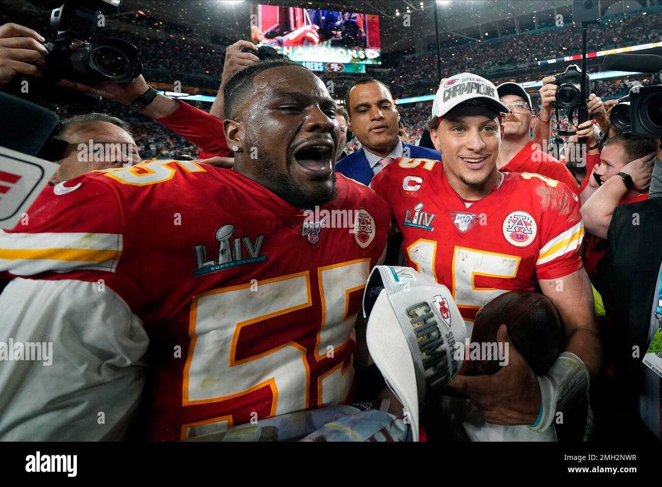 Kansas City Chiefs Frank Clark, left, and Patrick Mahomes celebrate ...