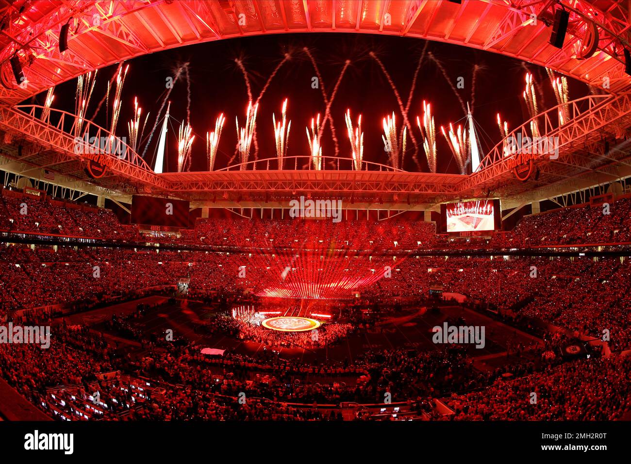 Fireworks go off during the halftime show at the NFL Super Bowl 54 ...
