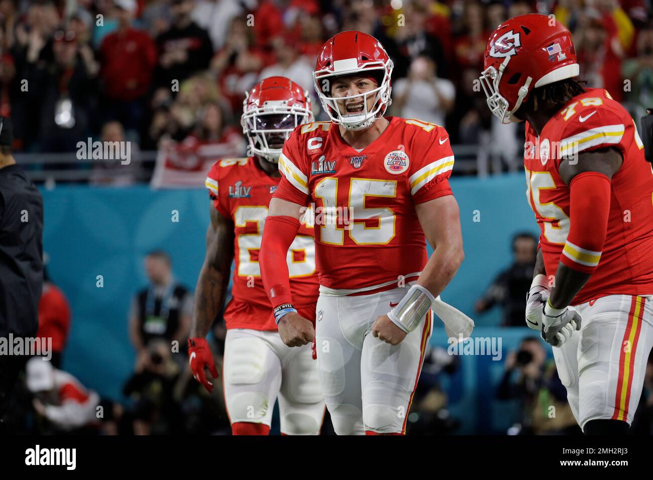Kansas City Chiefs quarterback Patrick Mahomes (15) celebrates his ...