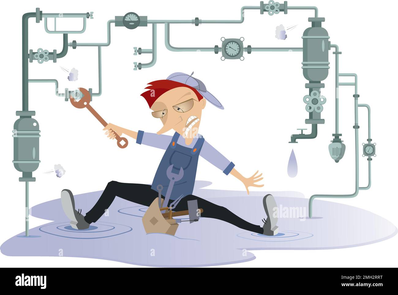 Comic mechanic repairs pipe construction. Breakdown. Comic mechanic ...