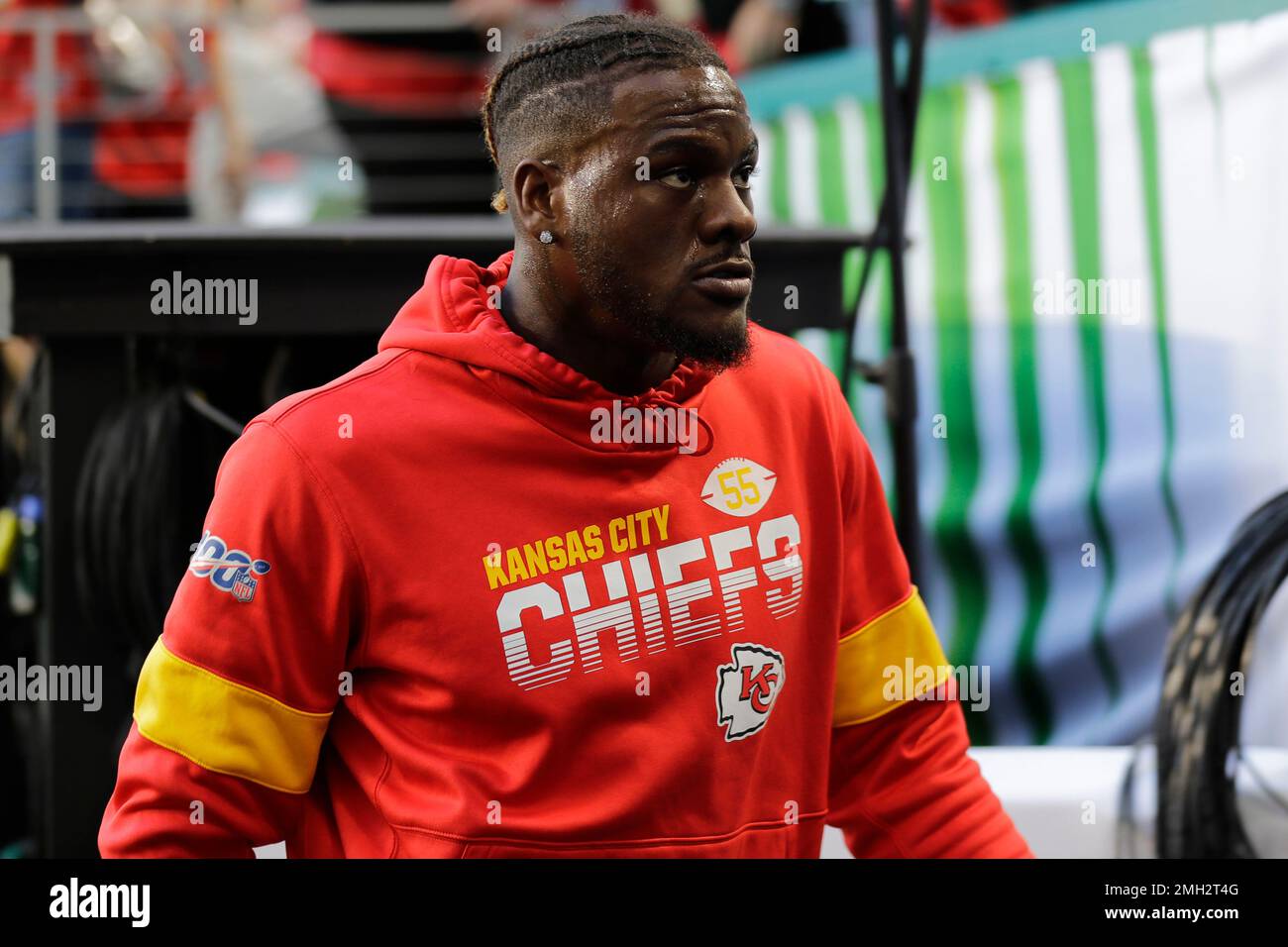 Kansas City Chiefs' Frank Clark warms up before the NFL Super Bowl 54 ...