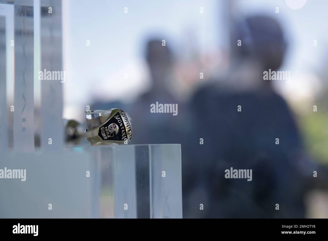 A Joe Montana Super Bowl ring is on display before the NFL Super Bowl ...