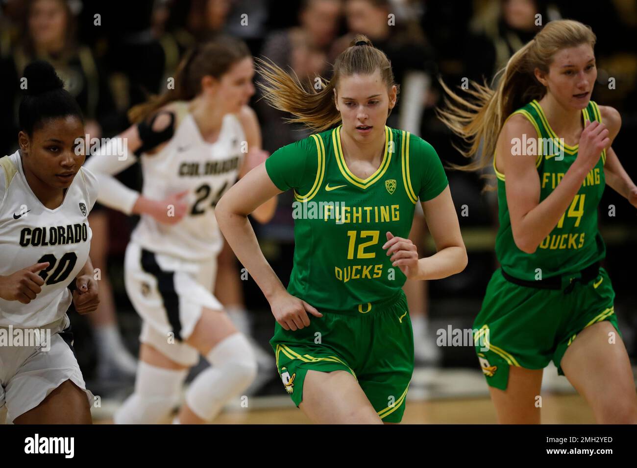 Oregon forward Lucy Cochrane (12) in the second half of an NCAA college ...