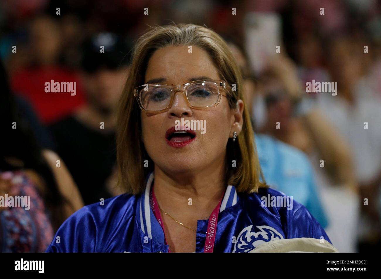 Carmen Yulin Cruz, Mayor of San Juan, sings the national anthem prior a ...