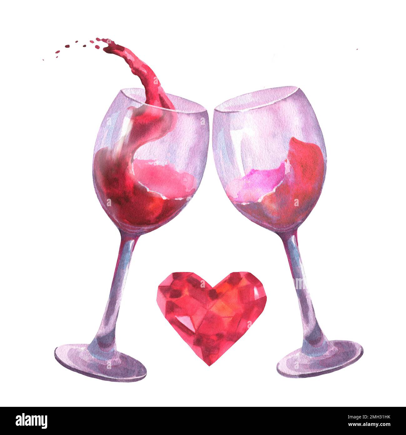 Watercolor illustration two glasses with red wine splash with heart ...