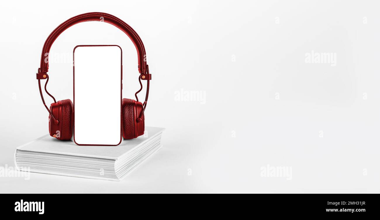 Mobile phone screen mockup, book and headphones on ad banner ...