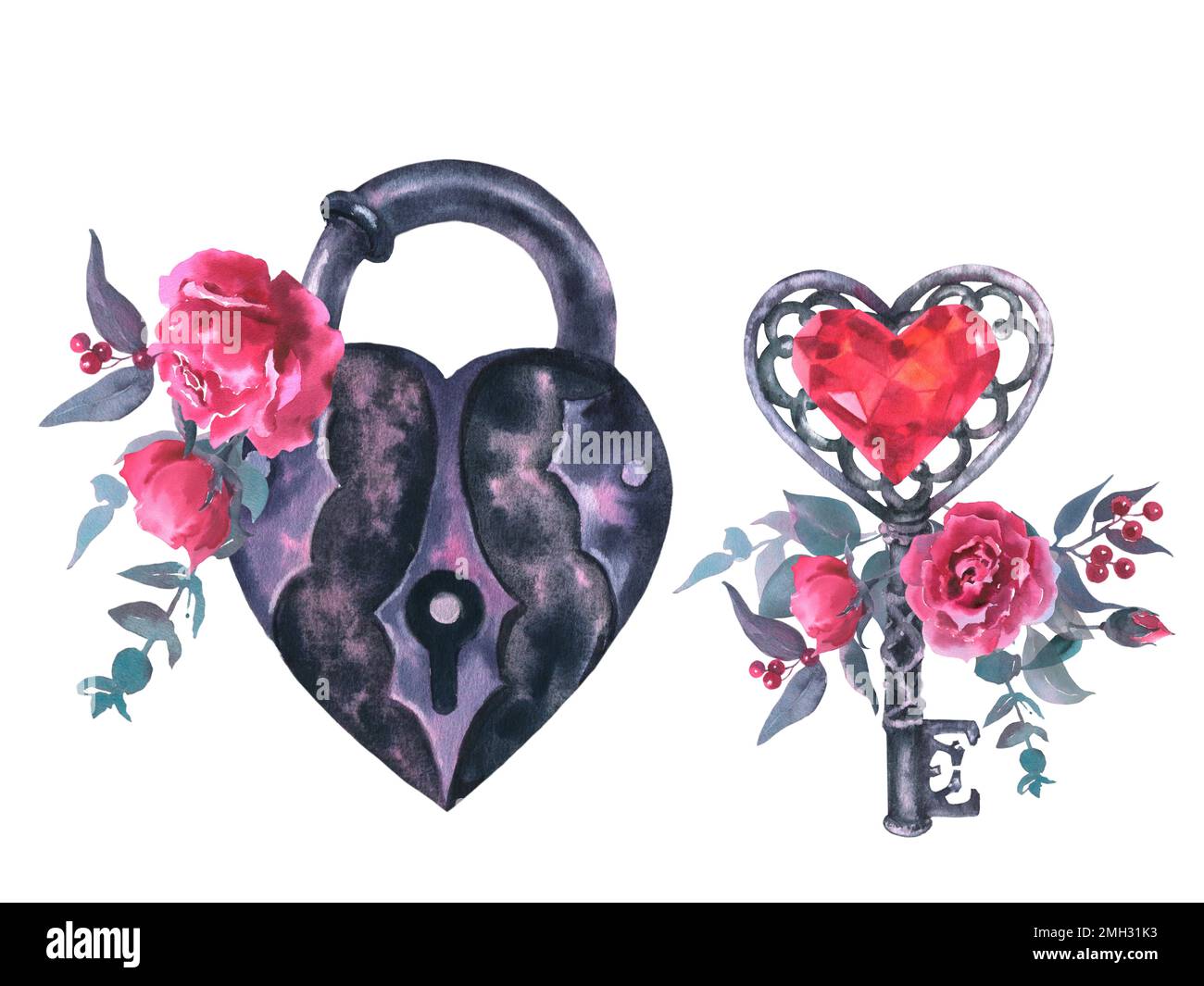 Watercolor illustration of a lock and key with viva mangenta roses ...
