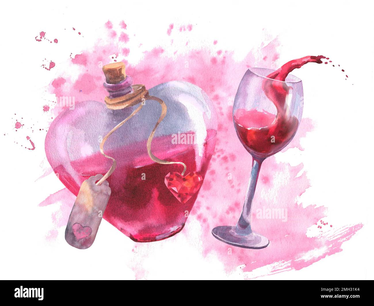 Watercolor love potion elixir in heart shaped bottle and glass wine ...
