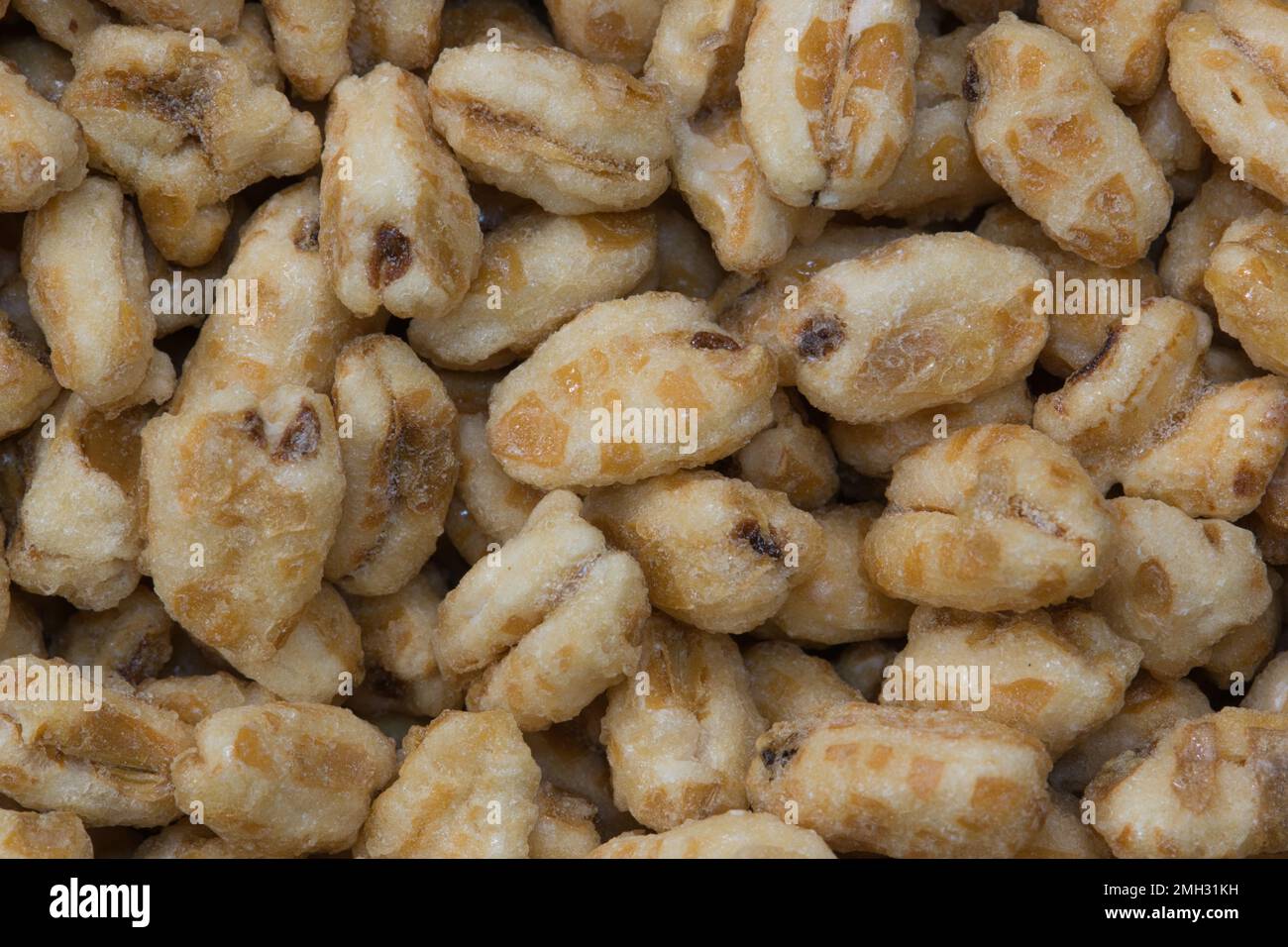 Dry honey puffed wheat cereal pieces scattered loosely directly above ...