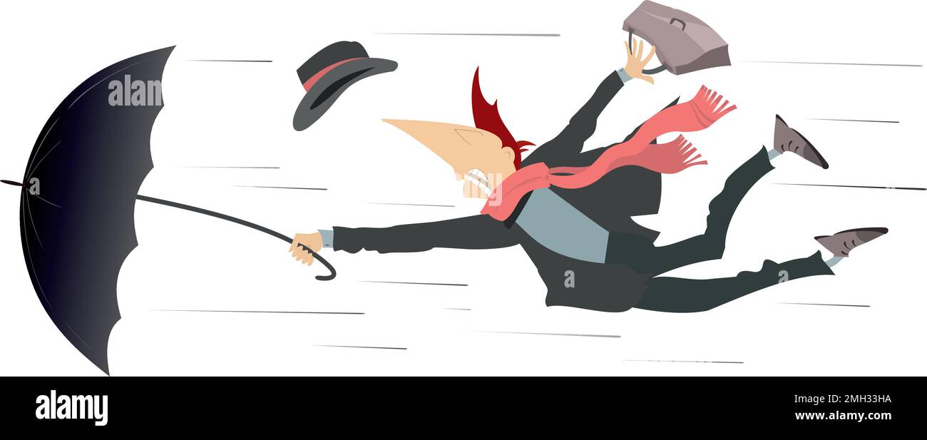 Windy day and man flies with umbrella. Man with an umbrella gone with ...