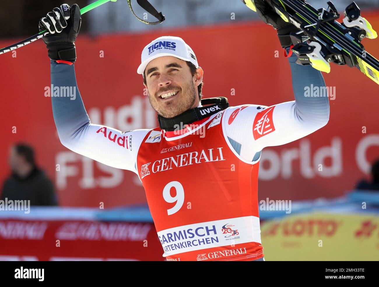 France's Johan Clarey celebrates after finishing third in a alpine ski ...