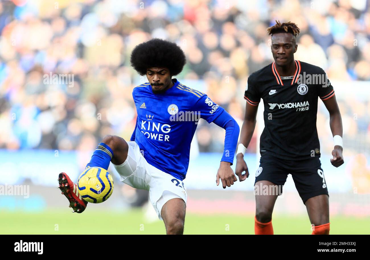 Leicester's Hamza Choudhury, left, controls the ball in front of ...