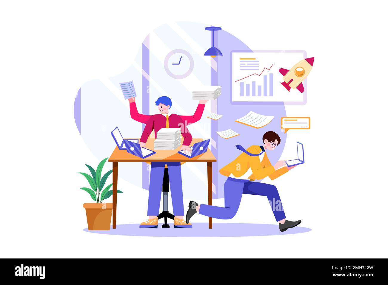 A vector of busy employees in the office multitasking for the project ...