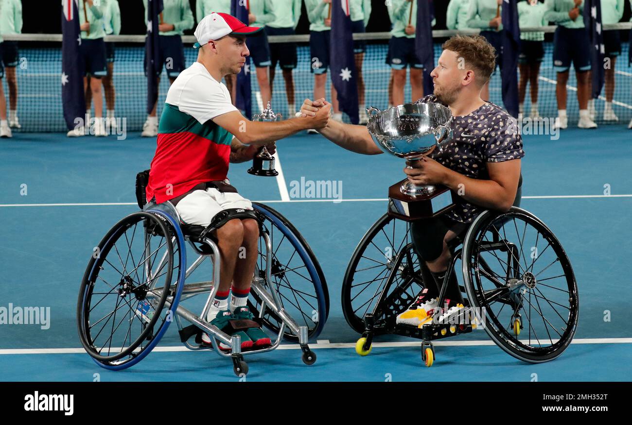 Australia's Dylan Alcott, right, Britain's Andy Lapthorne shake hands ...