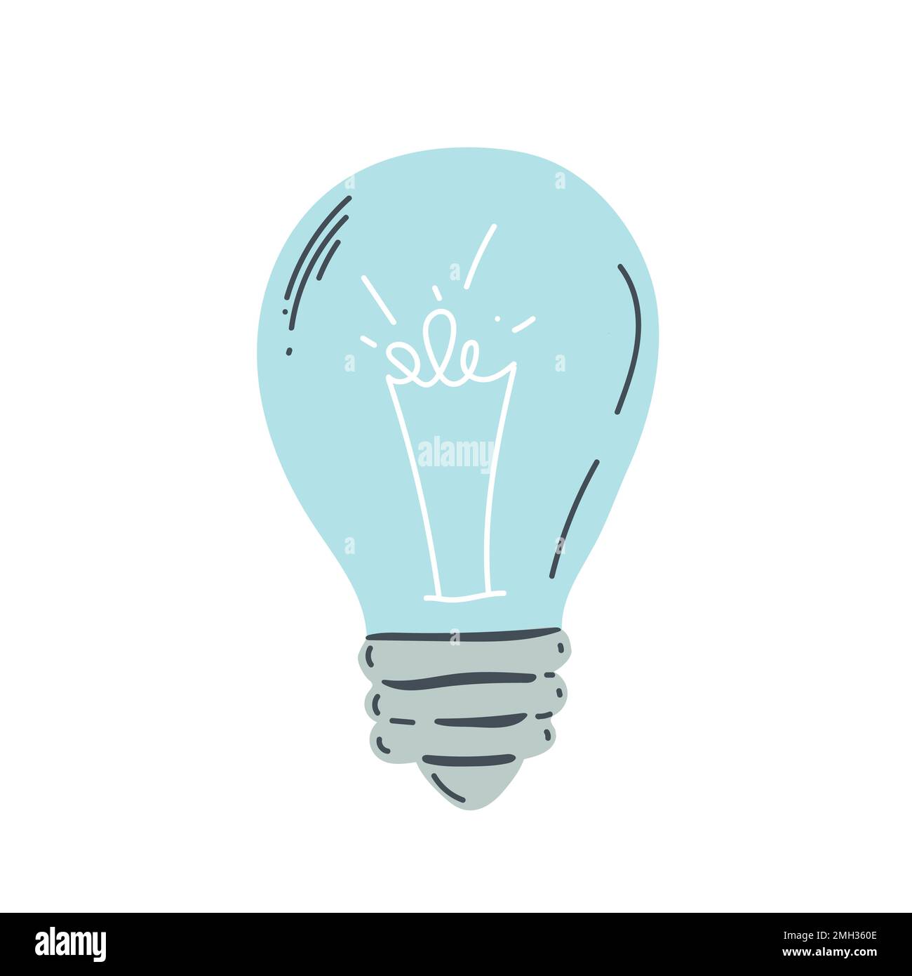 Light bulb with rays shine. Cartoon style. Flat style. Hand drawn style. Doodle style. Symbol of ...