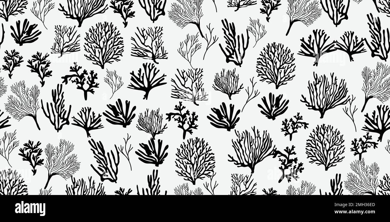 Coral reef drawn with black ink seamless pattern. Black and white ...