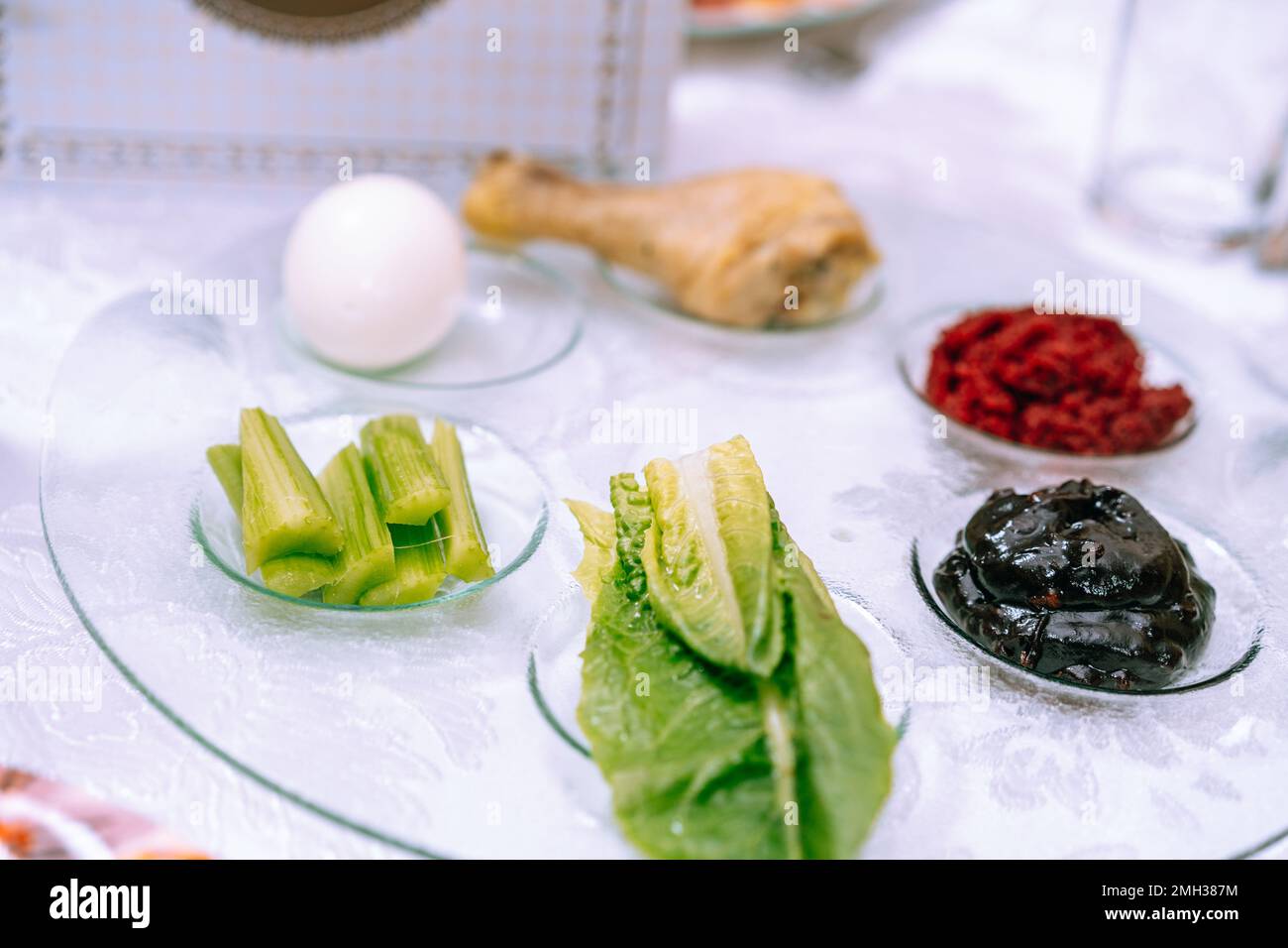 Traditional Passover seder plate with symbolic meal for Passover or ...
