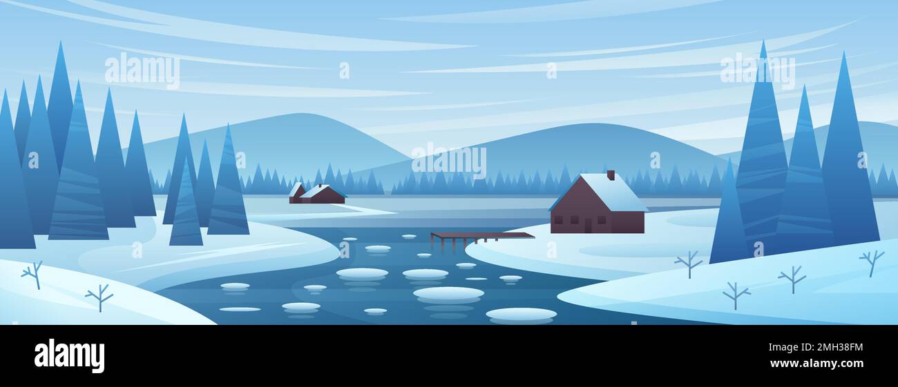 Winter snowy river landscape vector illustration. Cartoon snow and ice ...