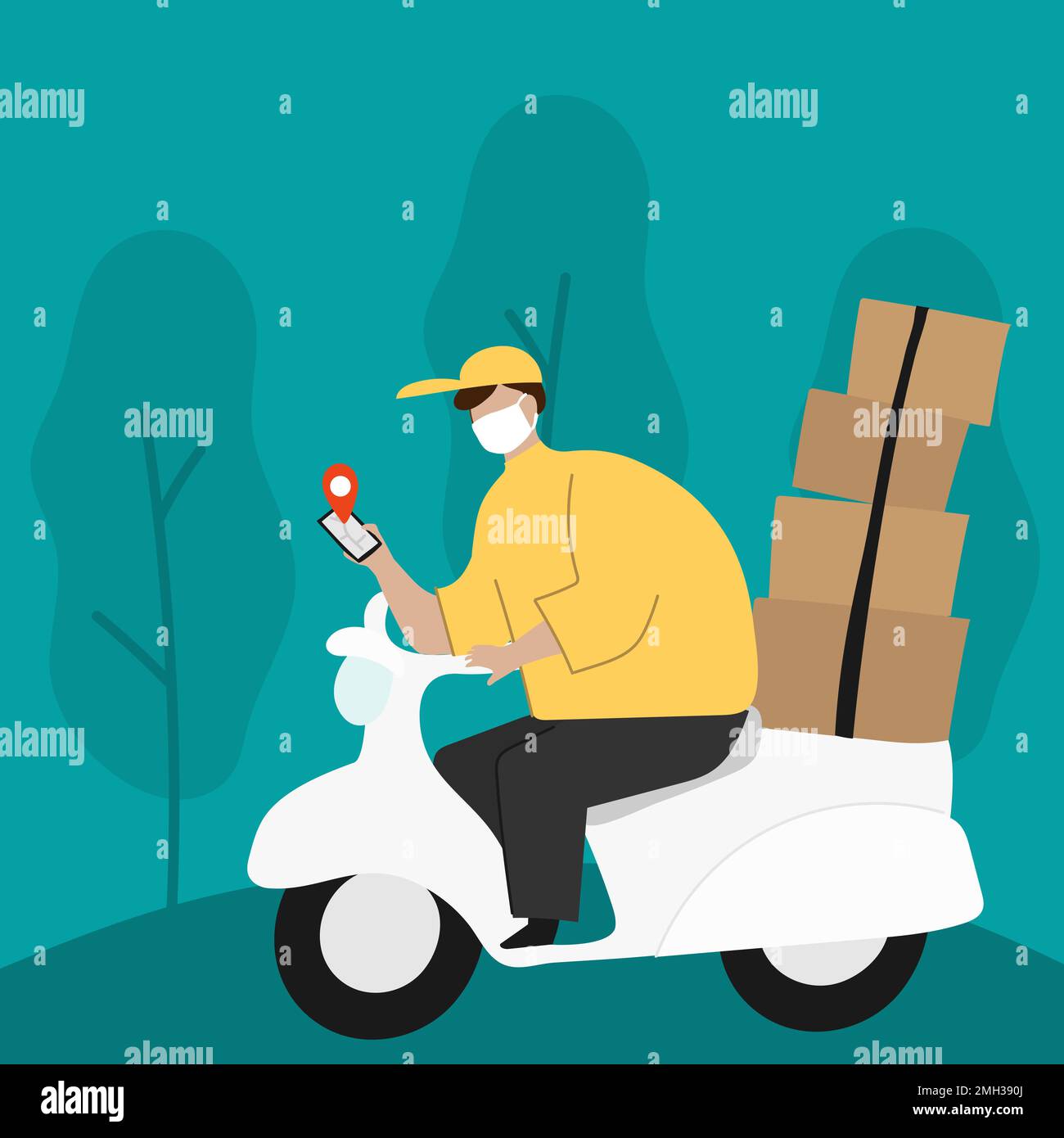 Delivery boy on a scooter with parcel boxes checking customer location ...